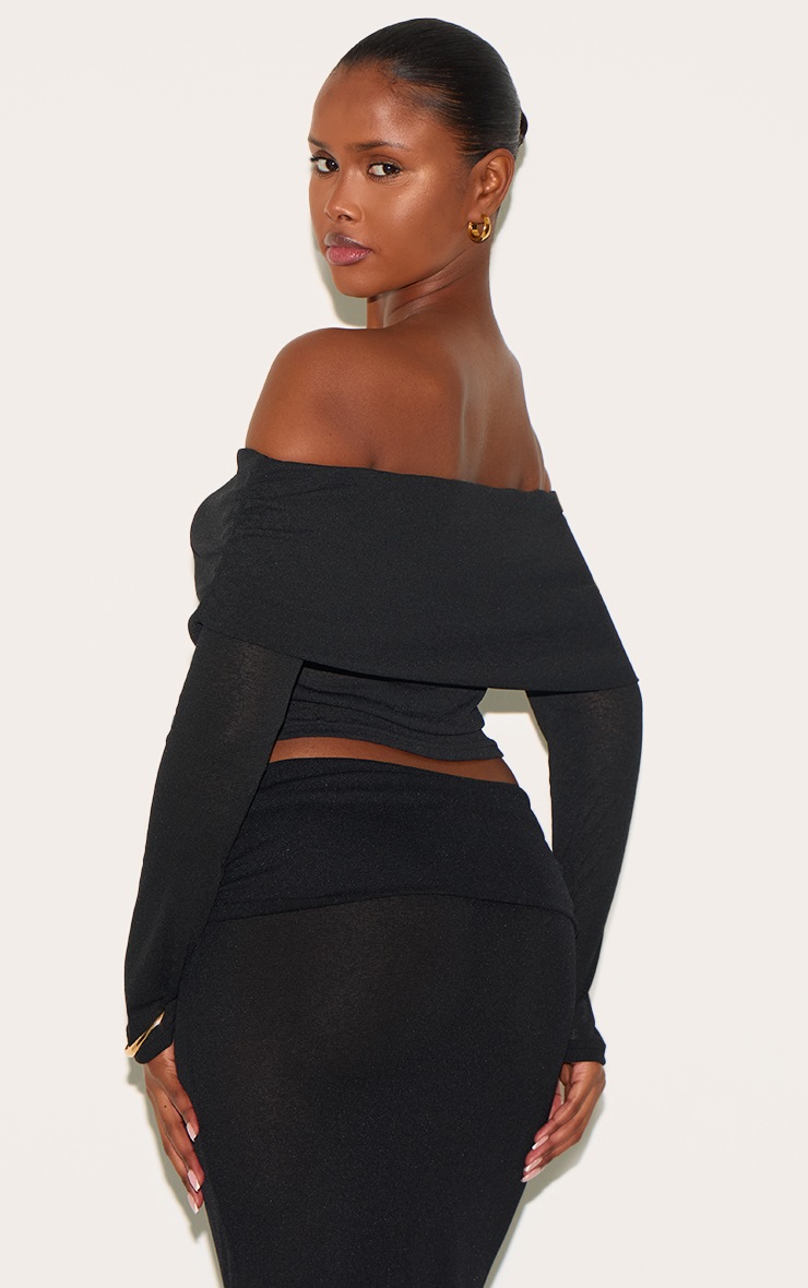 Black Burnout Fold Over Hem Long Sleeve Bardot Top | Co-ords | PrettyLittleThing