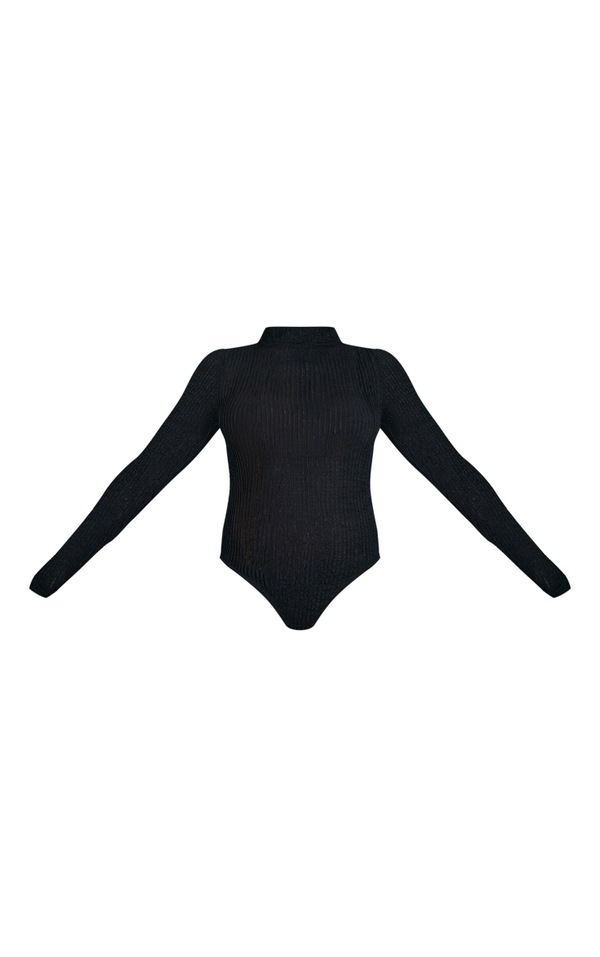 Black Ruffle Knit Long Sleeve High Neck Bodysuit | Tops | PLT