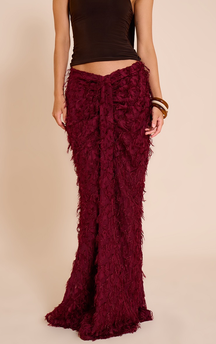 Deep Red Distressed Woven Dip Waist Maxi Skirt | Bottoms | PLT
