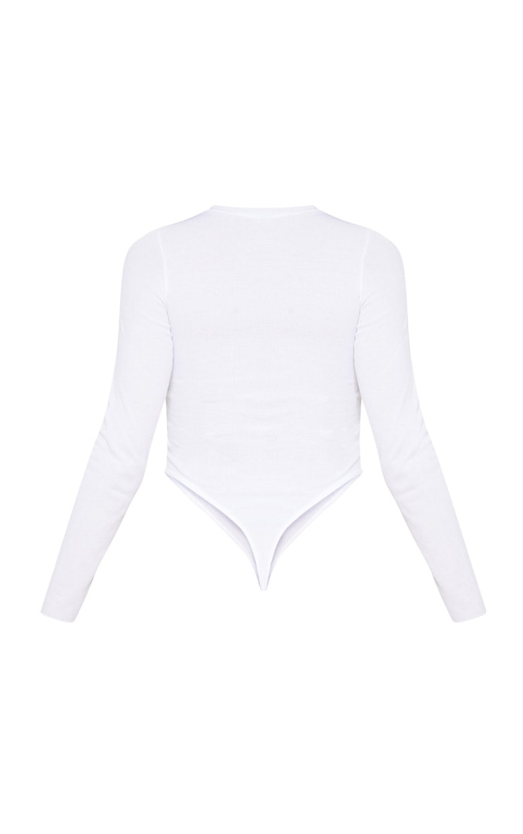 PRETTYLITTLETHING White Rib Embroidered High Rise Long Sleeve Bodysuit ...