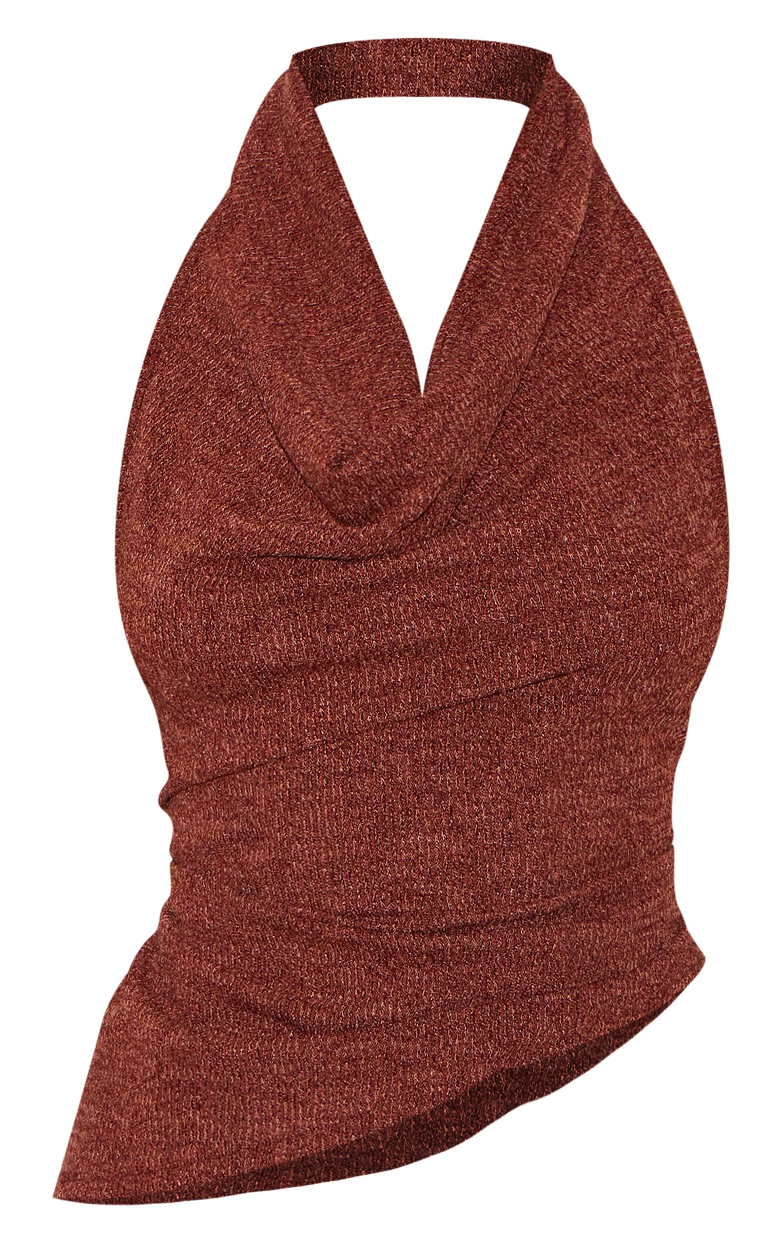 Brown Textured Cowl Neck Backless Long Top | Tops | PLT USA