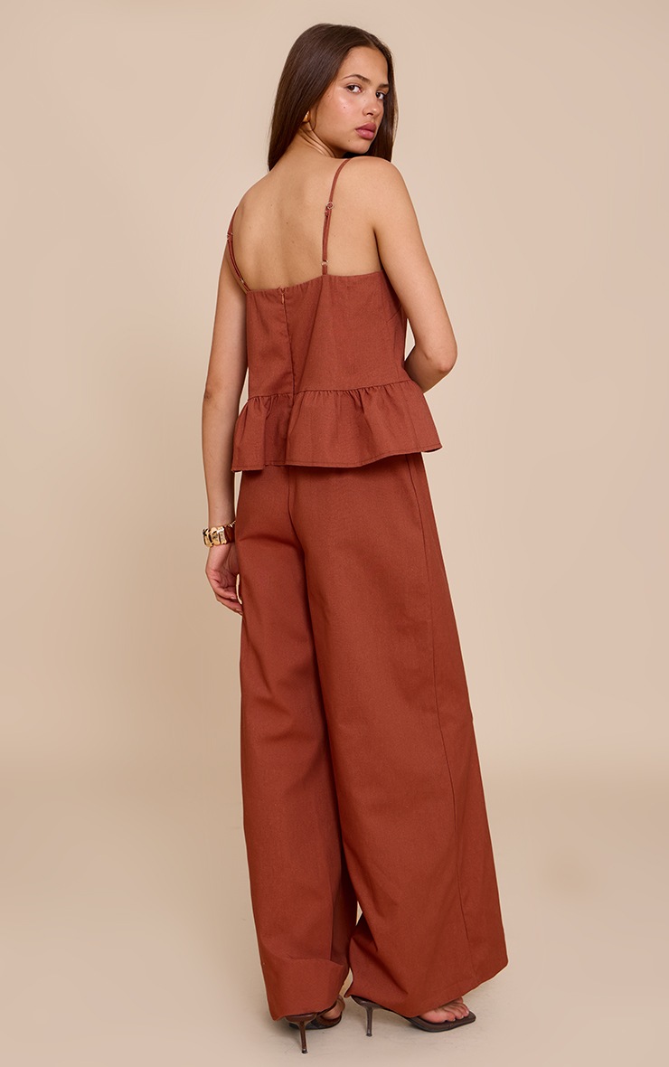 Rust Linen Blend Peplum Detail Overlay Jumpsuit | Dresses | PLT