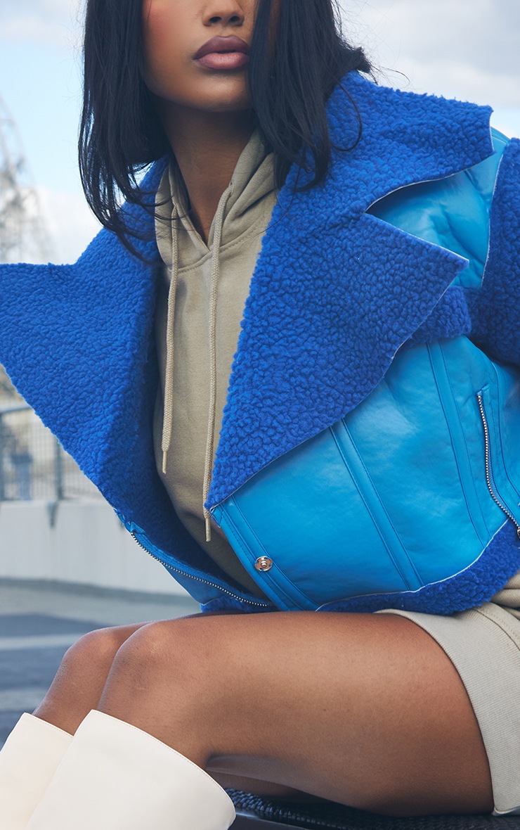Blue PU Boned Waist Borg Lined Crop Aviator Jacket | Outerwear ...