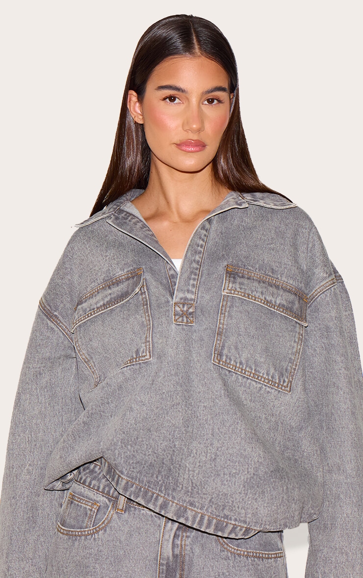 Grey Long Sleeve Slouchy Denim Rugby Shirt | Denim | PLT