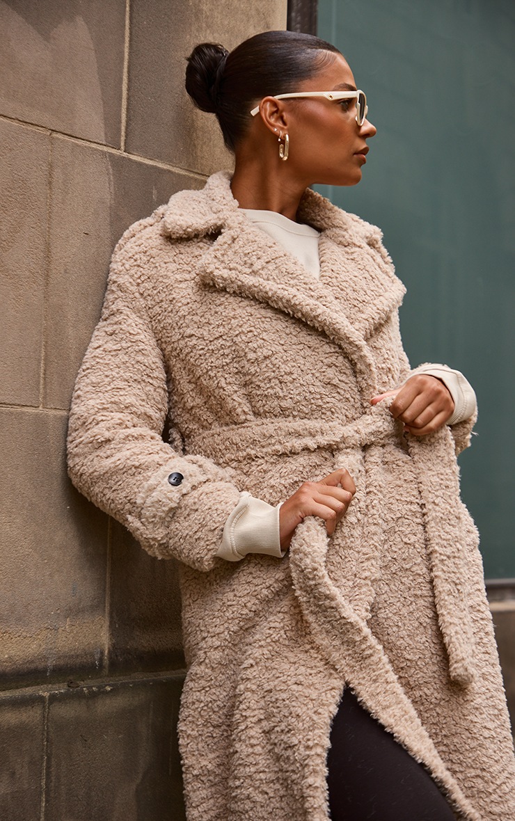 Beige Borg Belted Trench Coat | Outerwear | PrettyLittleThing USA