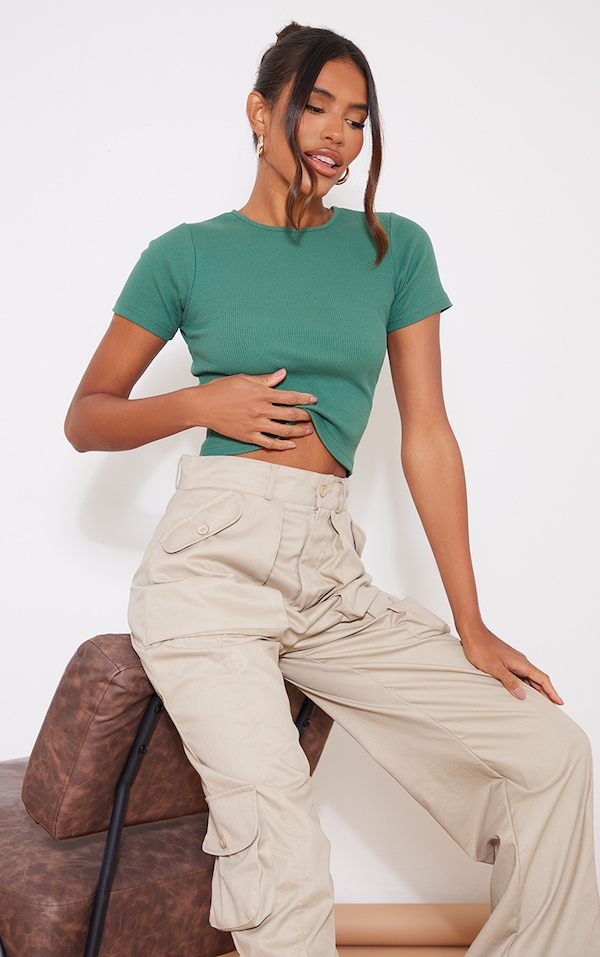 Dark Green Basic Rib Short Sleeve Crop Top | Tops | PrettyLittleThing USA