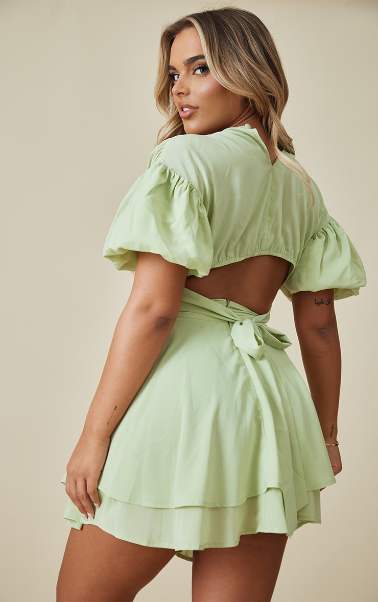 Sage Green Woven Tie Back Floaty Crop Top | PrettyLittleThing USA