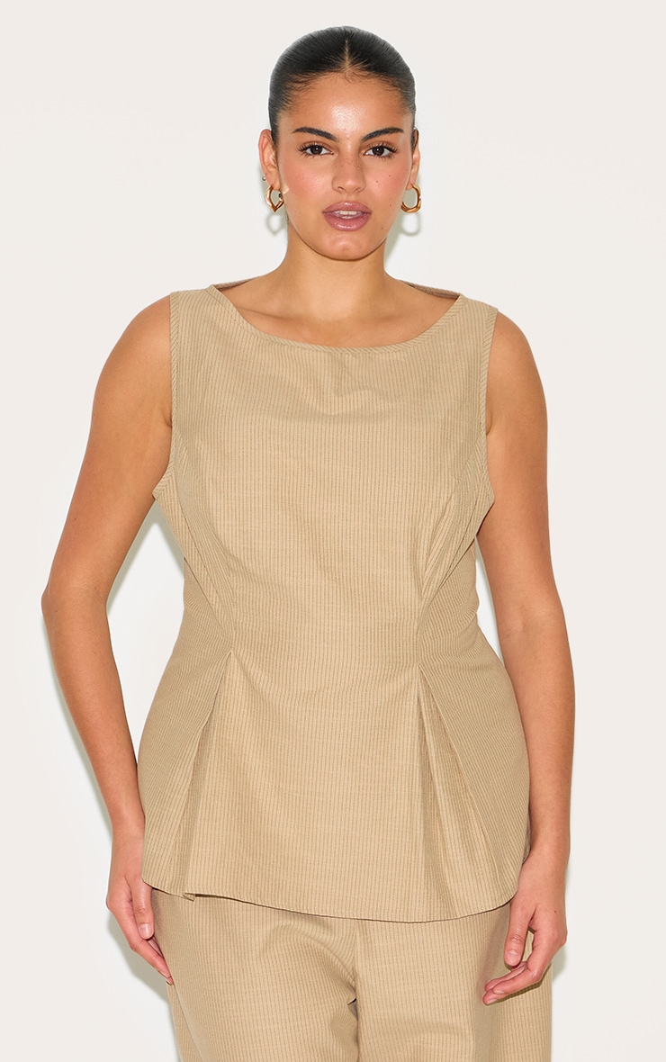 Plus Sand Striped Cotton Peplum Top | Plus Size | PrettyLittleThing USA