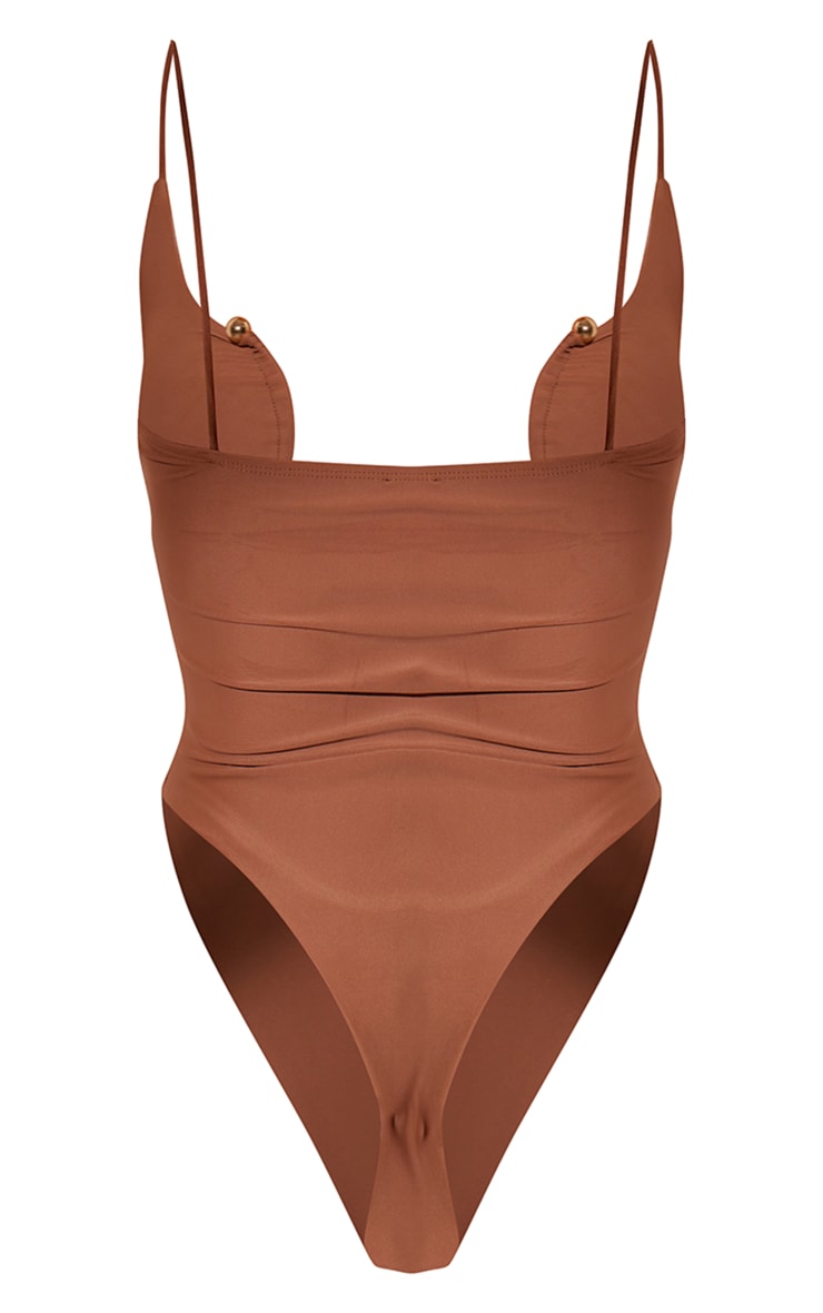 Brown Trim Detail Plunge High Leg Swimsuit Prettylittlething Ksa