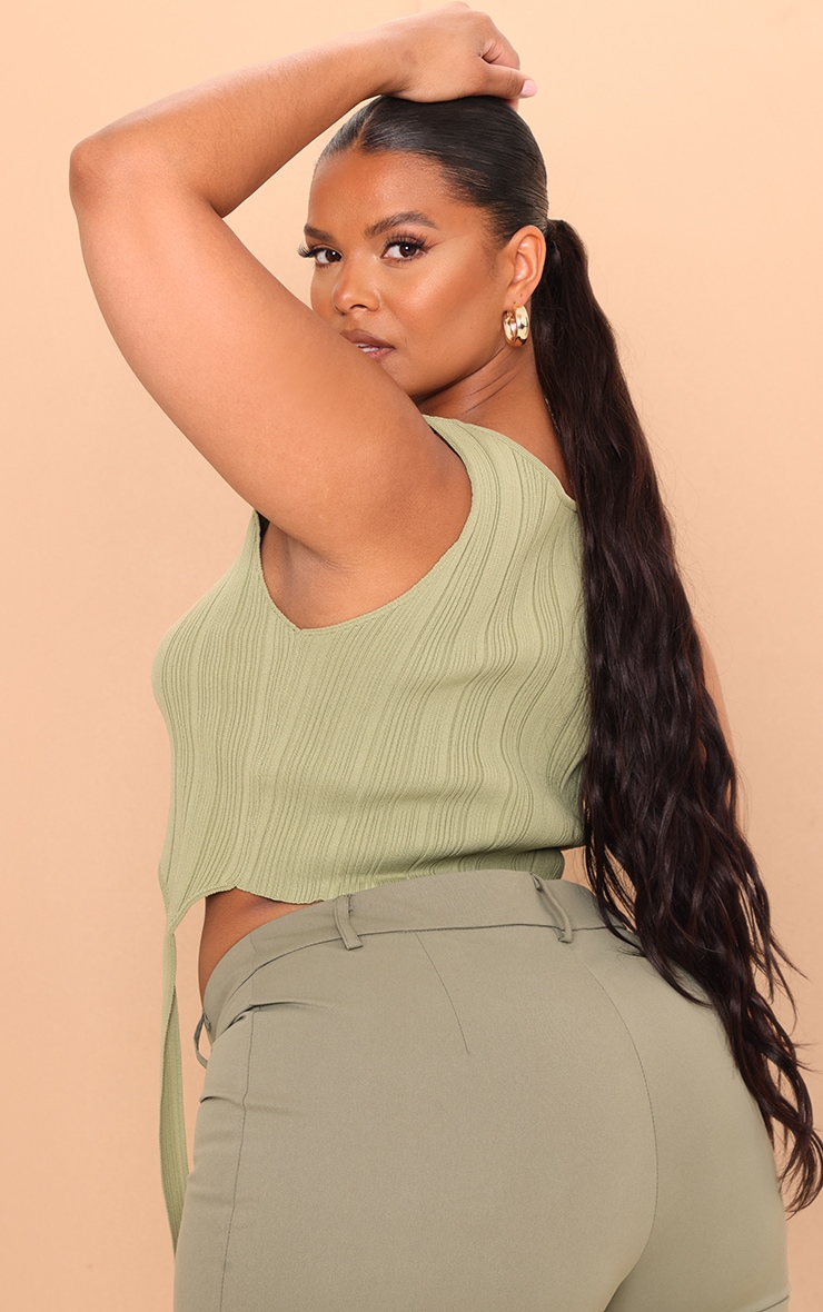 Plus Olive Ribbed Strap Detail Knitted Crop Top | PrettyLittleThing USA