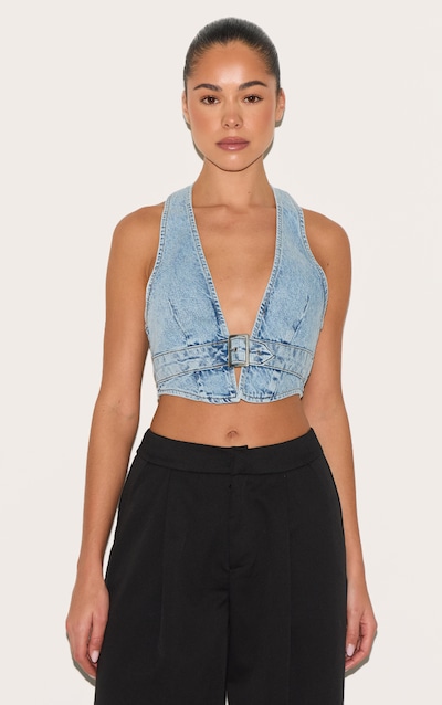 Light Blue Wash Buckle Front Denim Halterneck Top | Denim | PLT