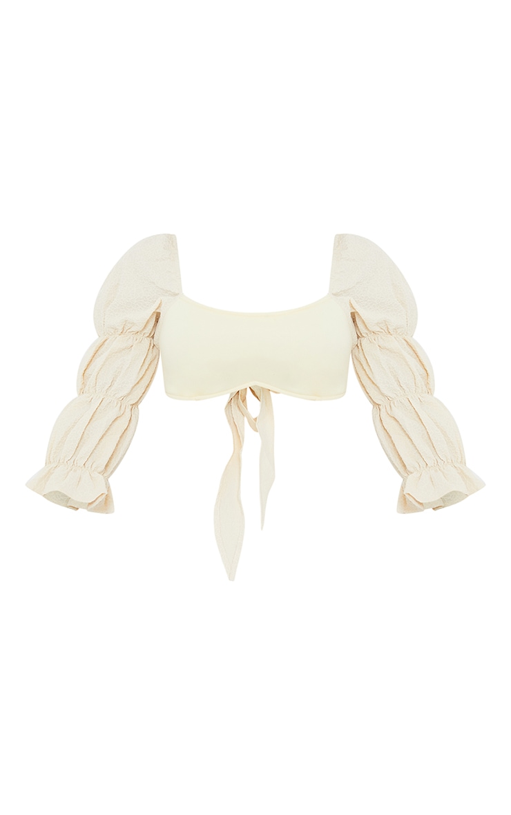 Cream Woven Embossed Tiered Long Sleeve Crop Top | Tops ...