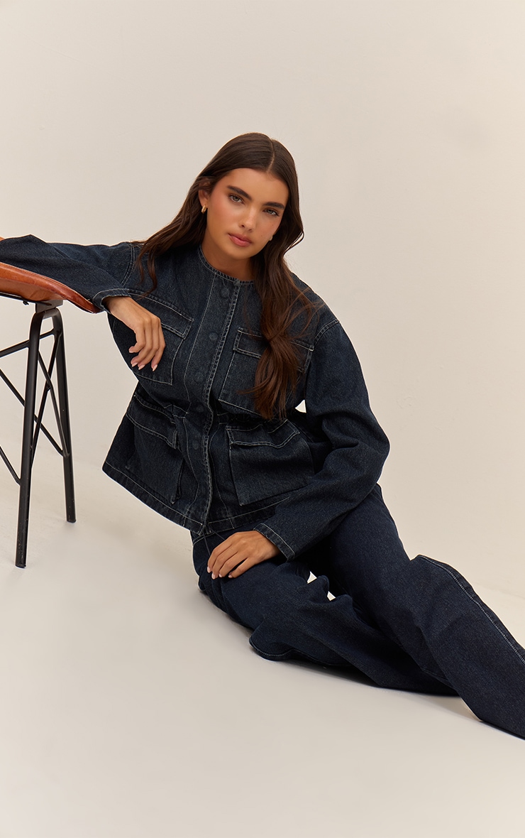 Indigo Round Neck Pocket Front Cinch Denim Jacket | Denim | PLT USA