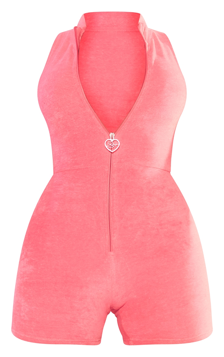 Prettylittlething Shape Pink Velour Zip Front Unitard | PrettyLittleThing