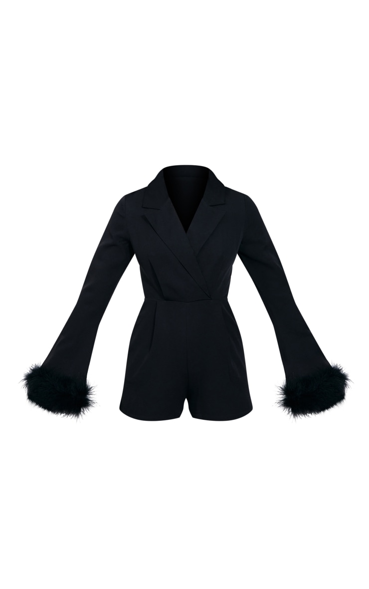 Black Feather Cuff Blazer Romper | PrettyLittleThing USA