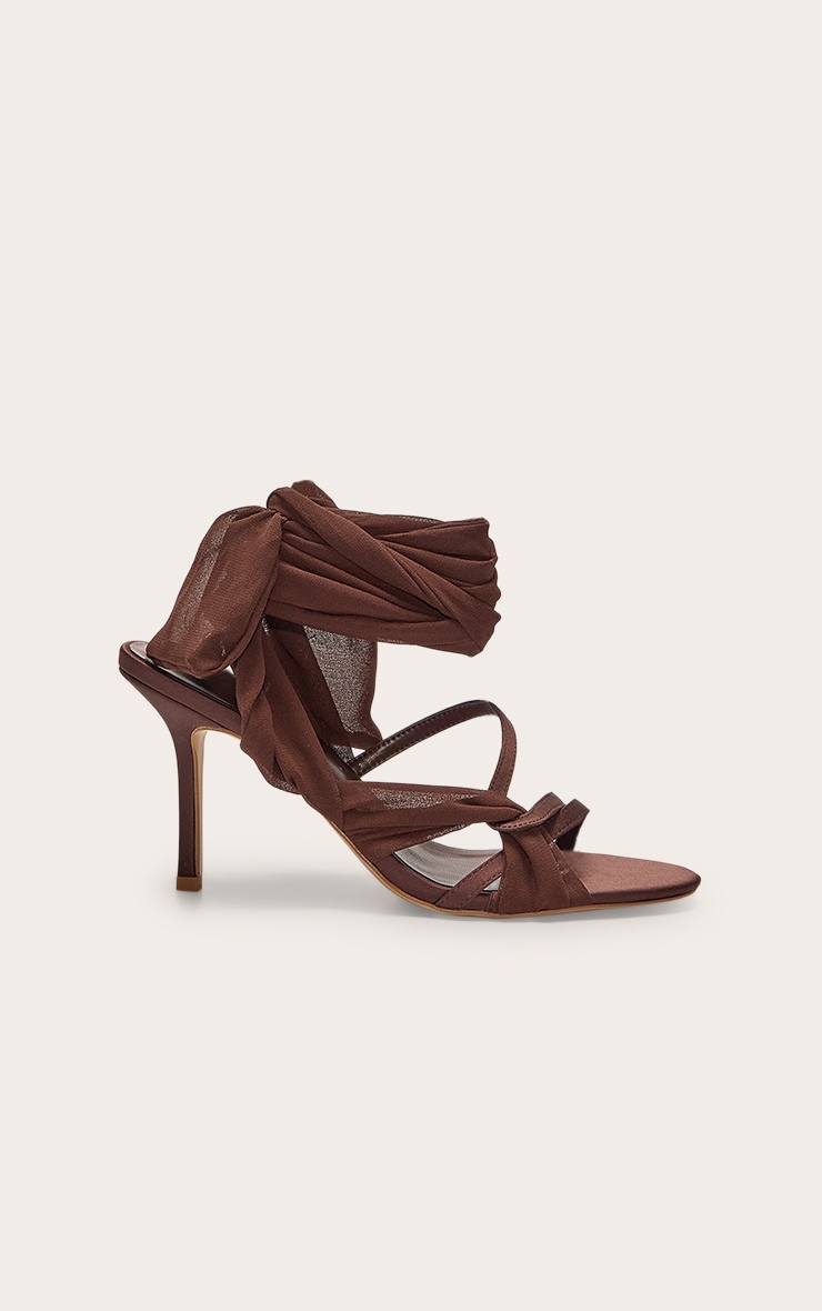 Chocolate Satin Round Toe Ribbon High Heel Sandals | Footwear | PLT