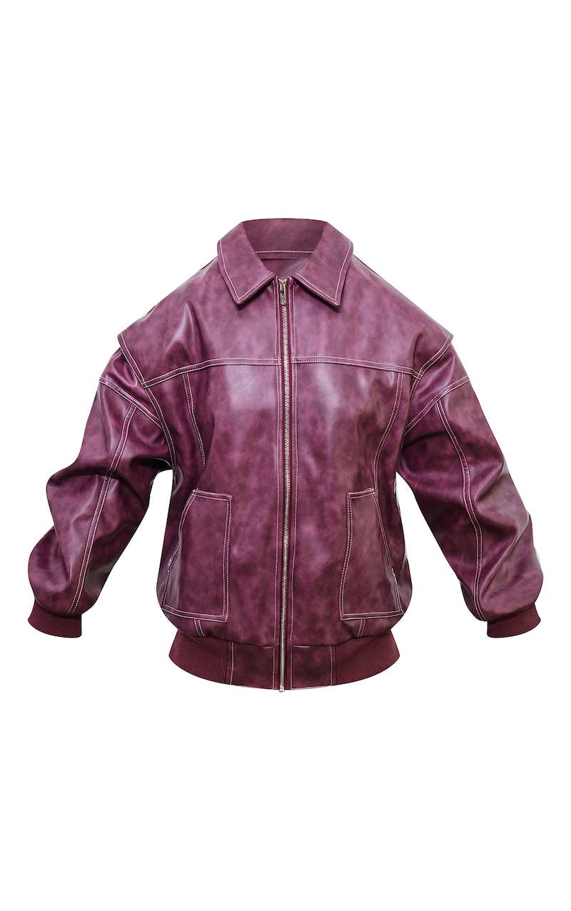 Burgundy Distressed PU Longline Bomber Jacket | Outerwear | PLT