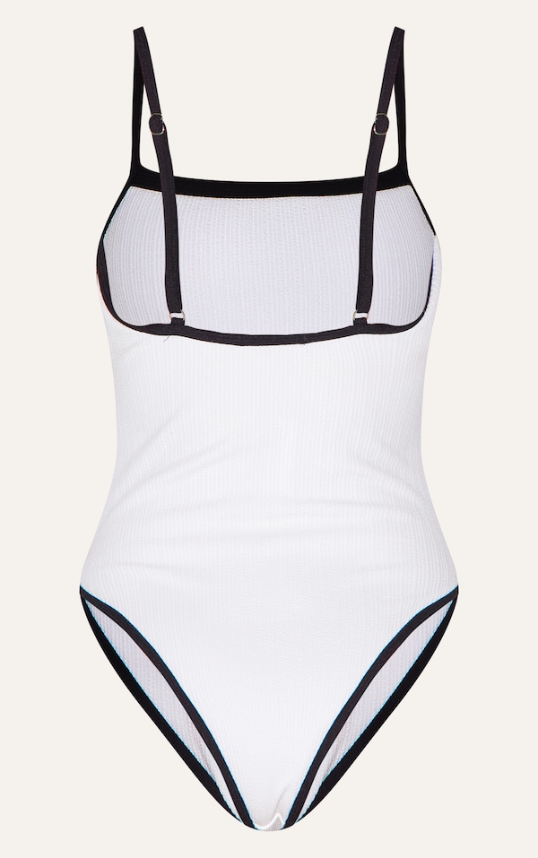 White Contrast Binding Textured Swimsuit | Swimwear | PrettyLittleThing CA