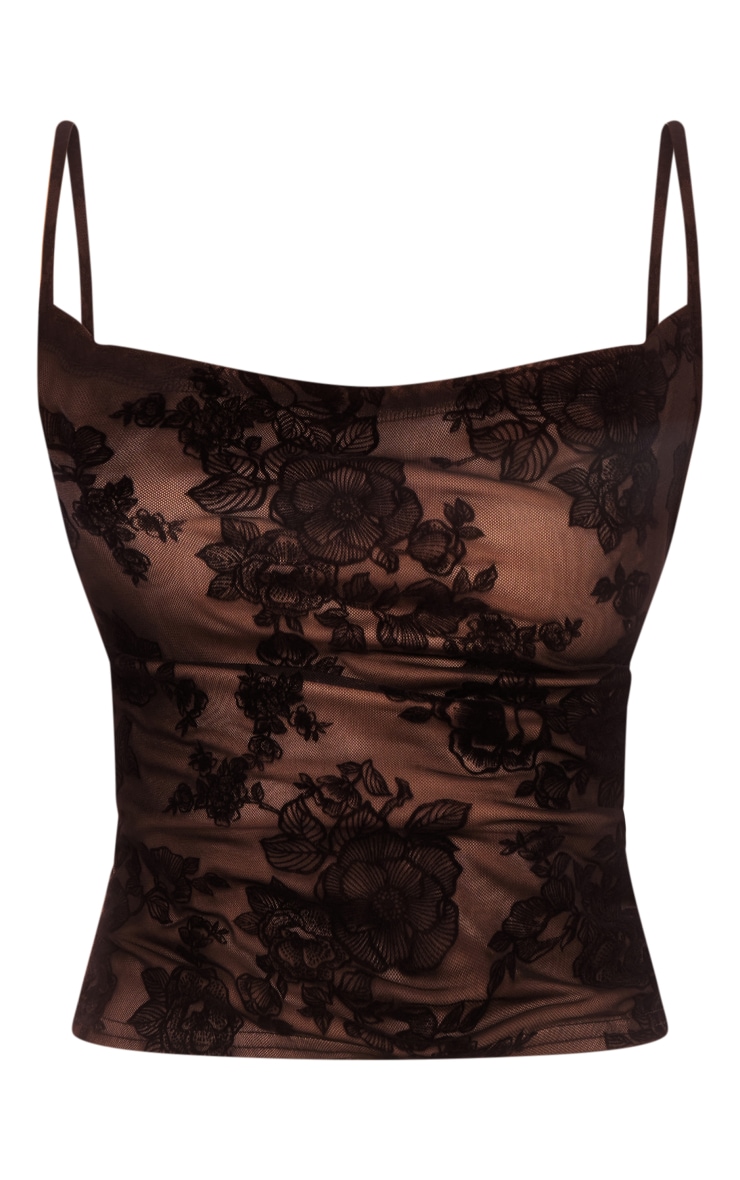 Black Floral Devore Cowl Neck Open Back Top | Tops | PLT