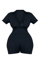 Plus Black Ribbed Button Up Romper | PrettyLittleThing USA