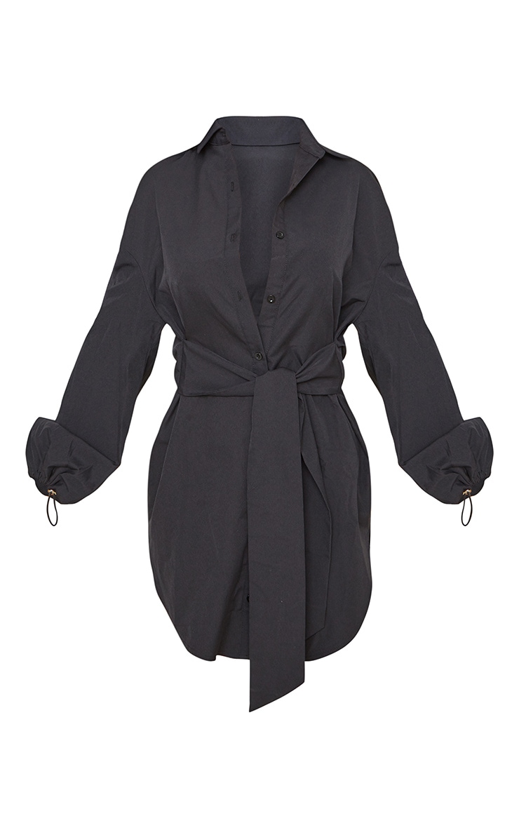 Black Tie Waist Elasticated Puff Cuff Shirt Dress | Dresses | PLT