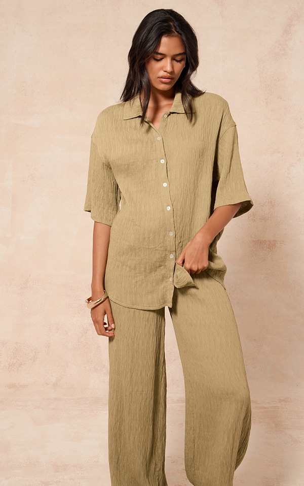 Chartreuse Textured Woven Short Sleeve Shirt | Co-ords | PLT USA