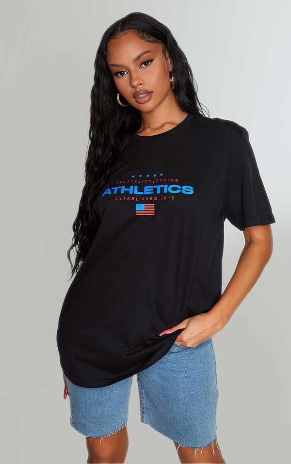 Plt Black Athletics Print Oversized T Shirt | PrettyLittleThing USA
