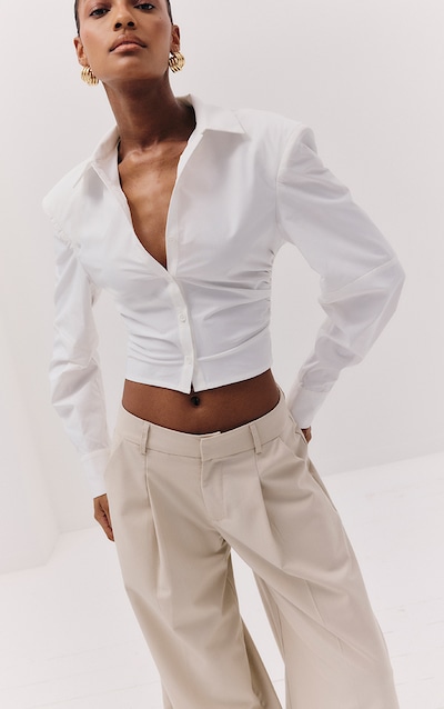 White Ruched Shoulder Pad Detail Shirt | Tops | PLT