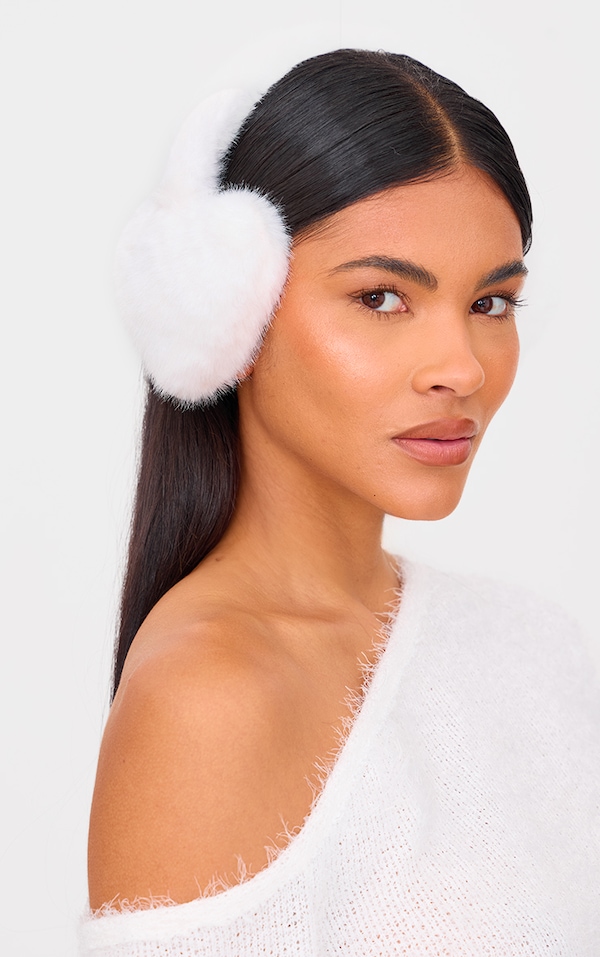 White Heart Faux Fur Ear Muffs | Accessories | PrettyLittleThing USA