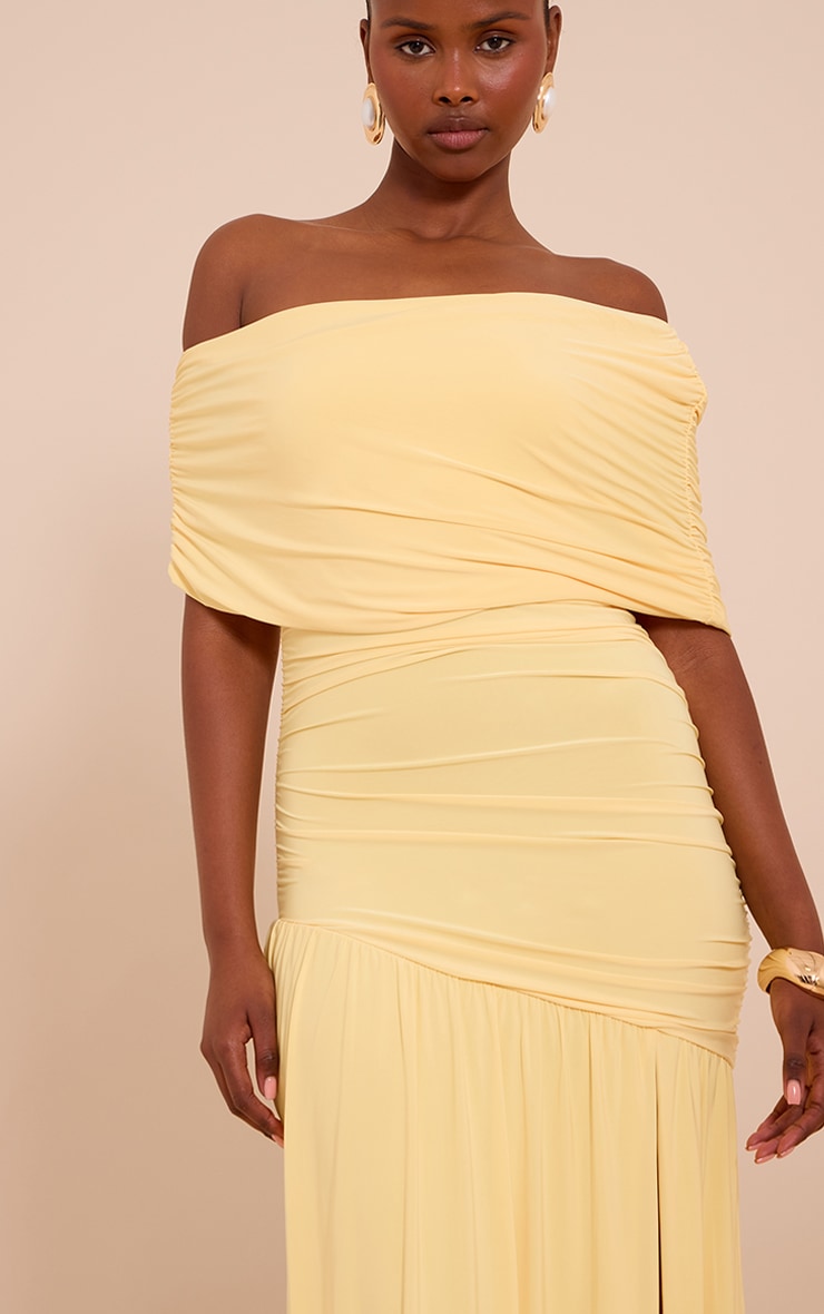 Robe Longue Moulante Jaune Citron Froncée À Col Superposé Et Épaule ...