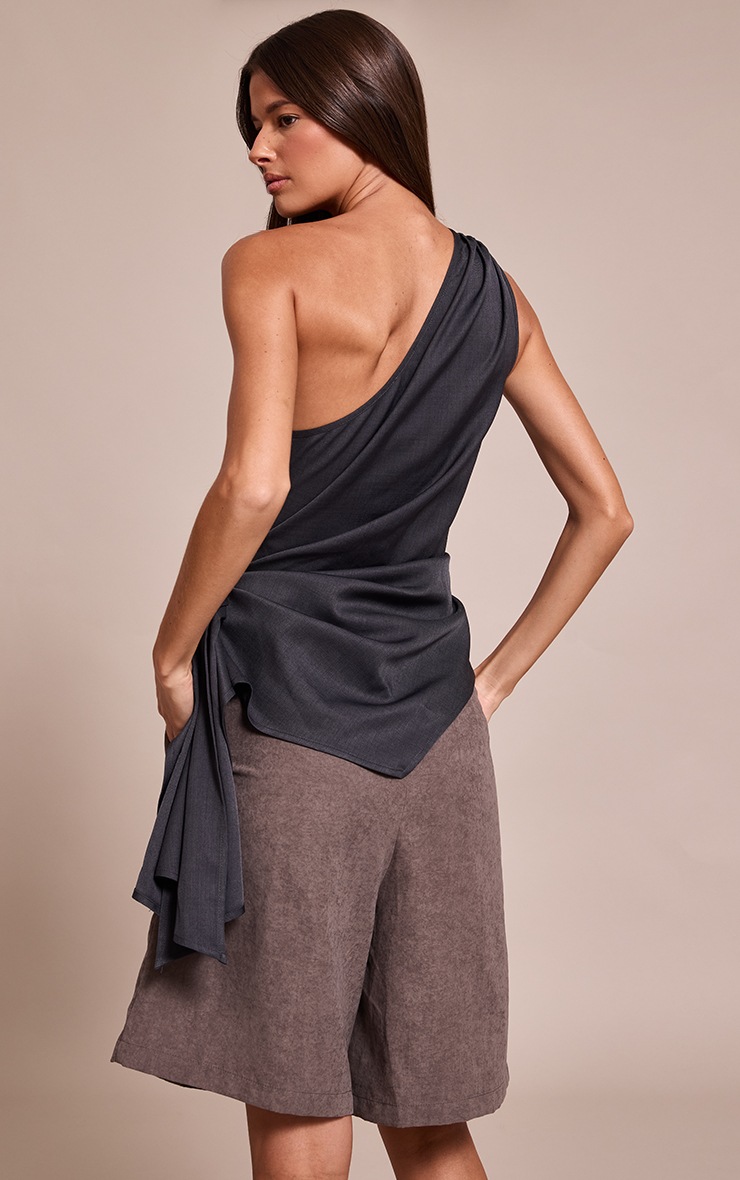 Charcoal Woven One Shoulder Drape Detail Top | Tops | PLT