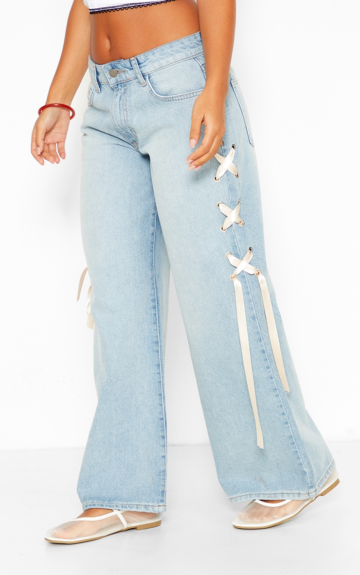 Petite Light Blue Wash Ribbon Wide Leg Jeans | Petite | PLT