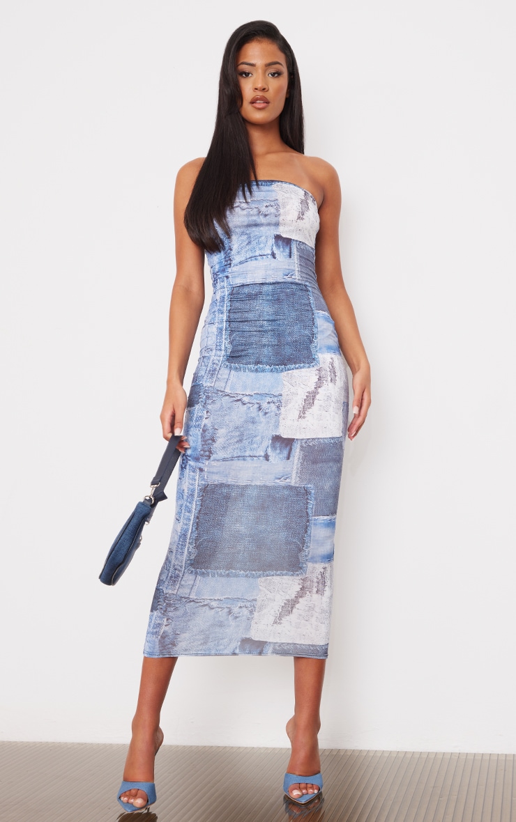 Tall Blue Denim Print Bandeau Midaxi Dress | PrettyLittleThing
