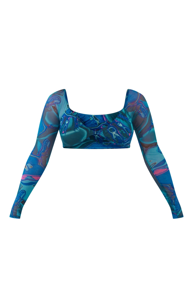 Blue Print Mesh Curved Hem Long Sleeve Crop Top | PrettyLittleThing QA