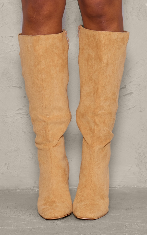 Beige Wide Fit Block Heel Knee High Boots | Footwear | PLT