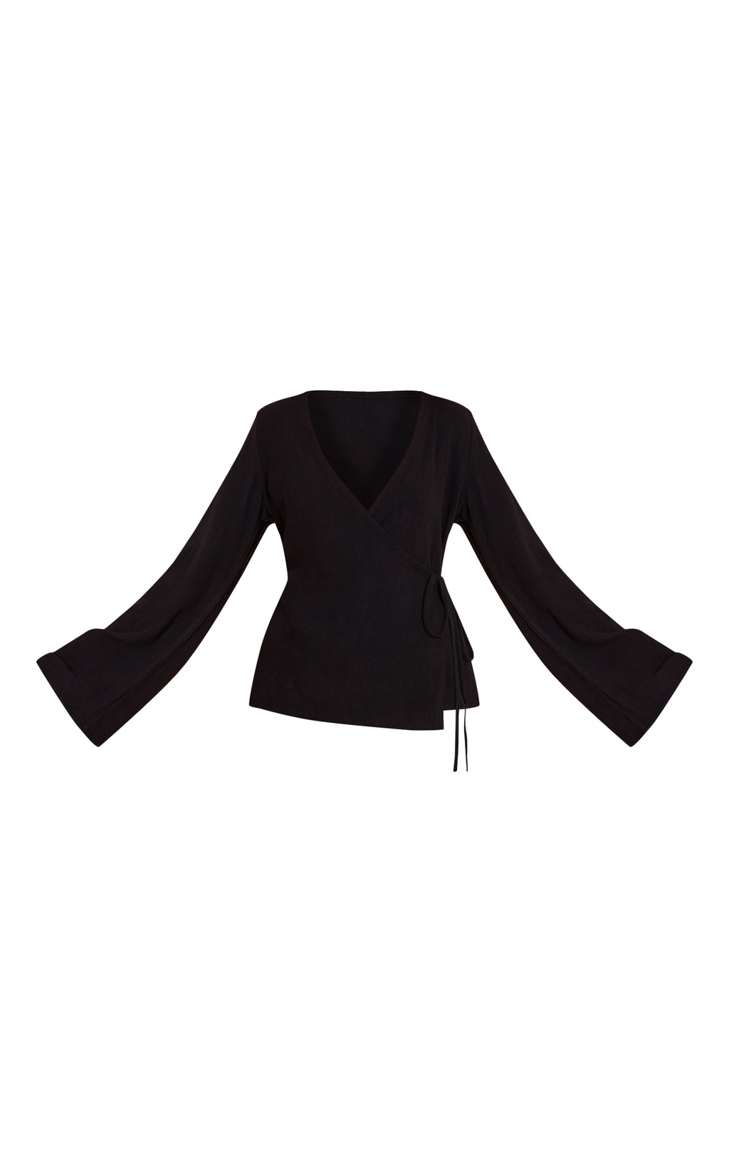 Black Lightweight Woven Flared Sleeve Wrap Shirt | Tops ...