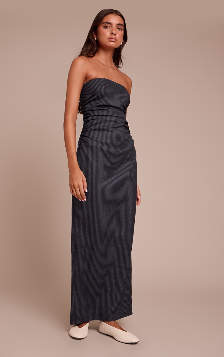 Navy Pinstripe Bandeau Ruched Detail Maxi Dress | Dresses | PLT