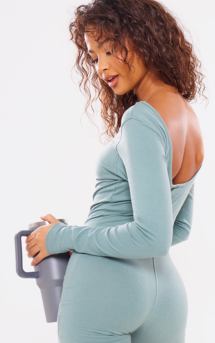 Sea Green Scoop Back Long Sleeve Cotton Unitard | Dresses | PLT USA