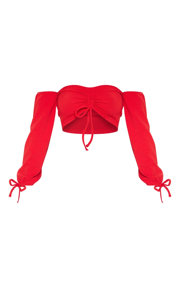 Red Ruched Detail Bardot Long Sleeve Crop Top | PrettyLittleThing