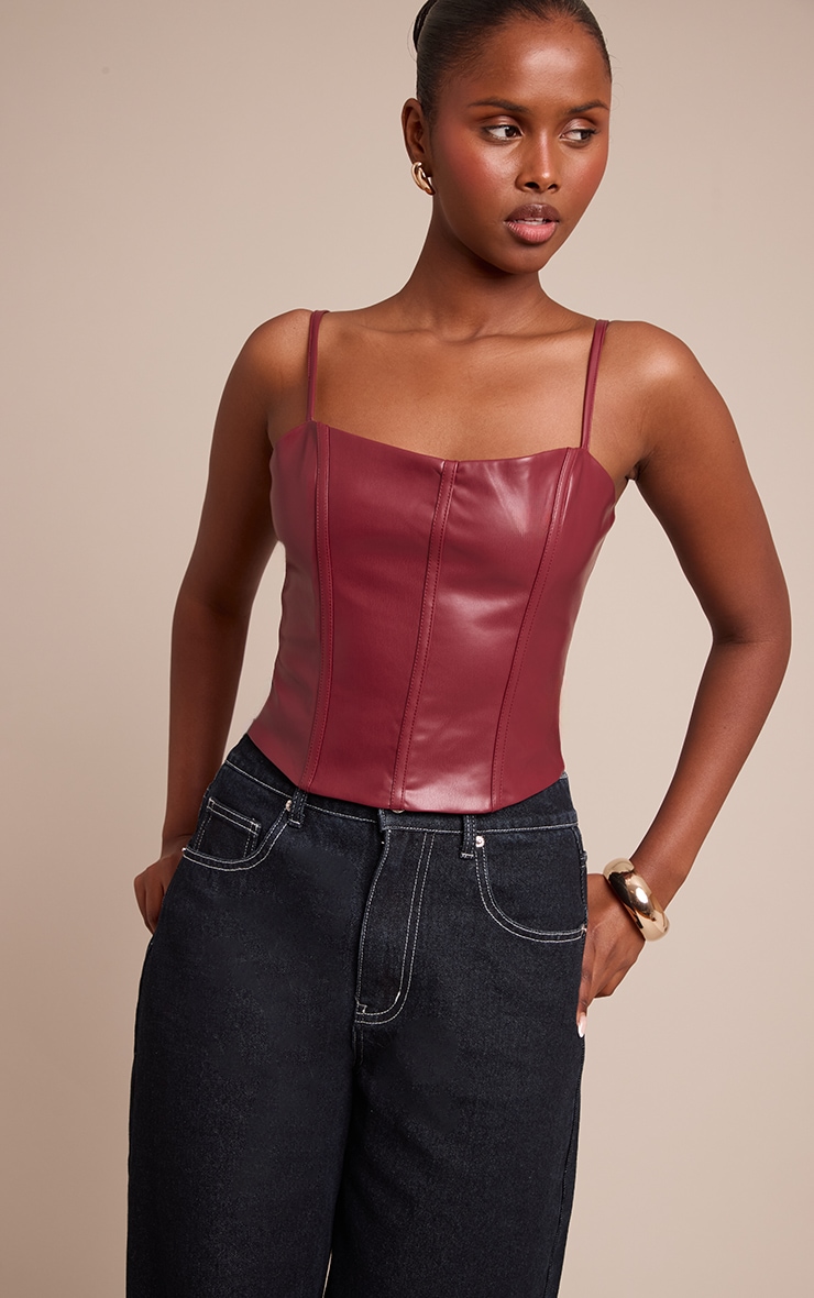 Plum Faux Leather Bonded Strappy Corset | Tops | PLT