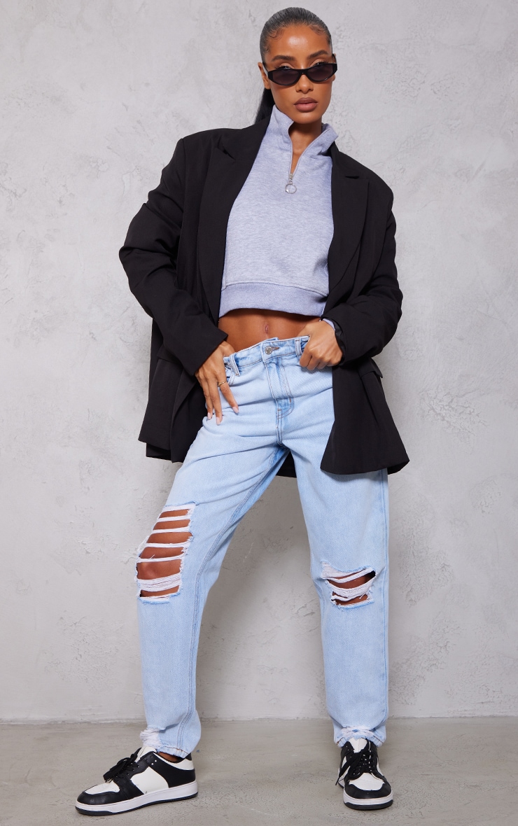 Plt Light Blue Wash Rip Hem Knee Rip Mom Jeans | PrettyLittleThing USA
