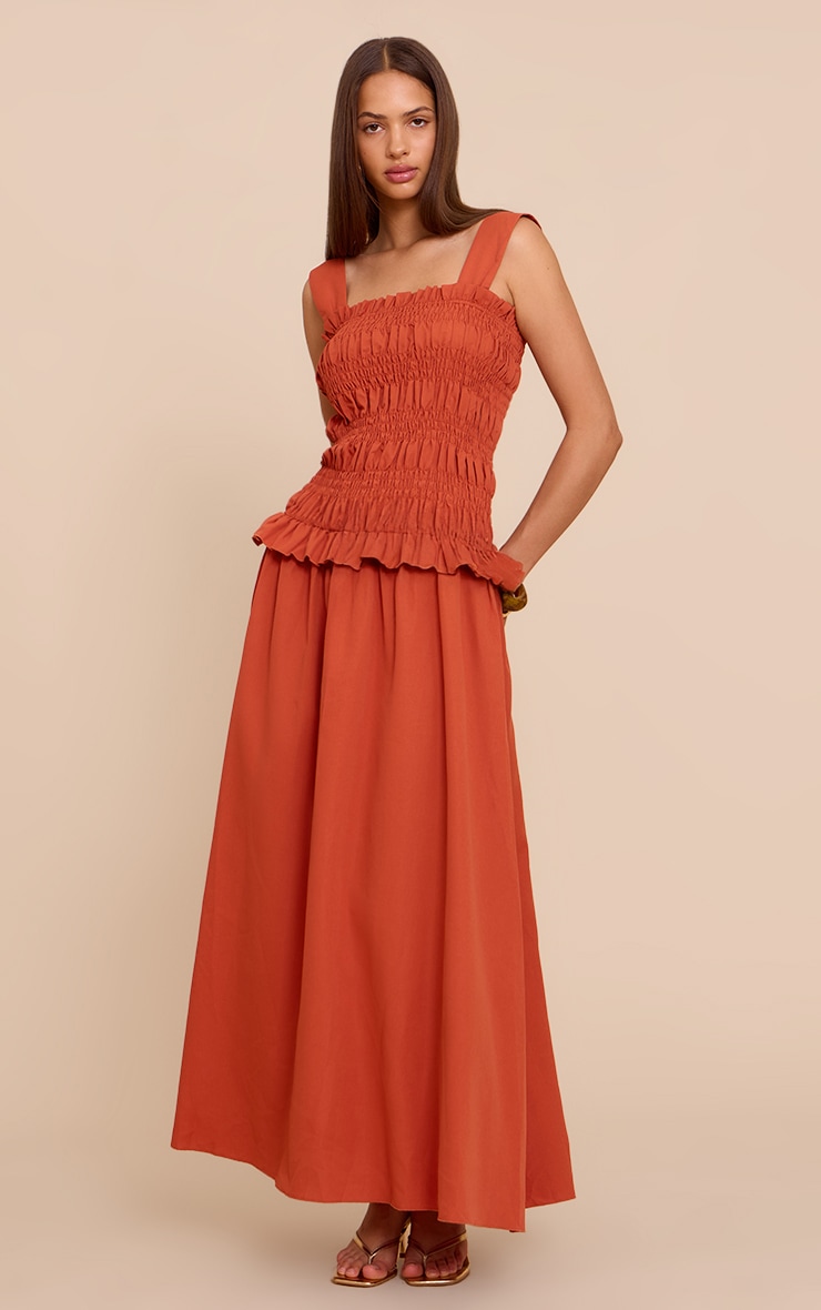 Burnt Orange Shirred Frill Detail Maxi Dress | Dresses ...