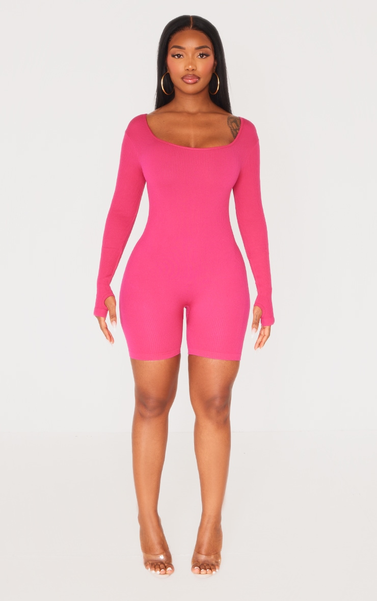 Shape Hot Pink Snatched Ribbed Long Sleeve Unitard | Shape ...