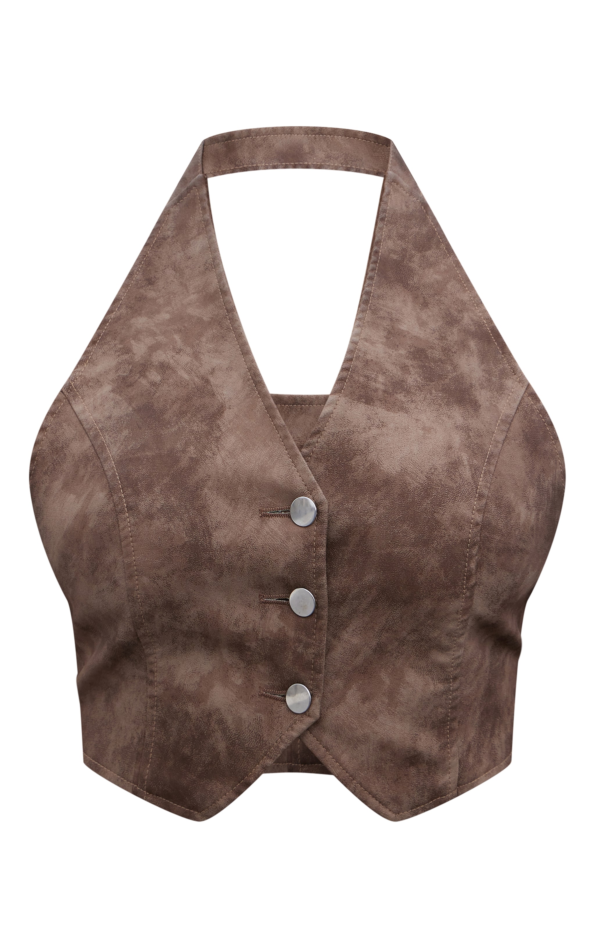 Brown Faux Leather Washed Backless Waistcoat | Tops | PrettyLittleThing QA