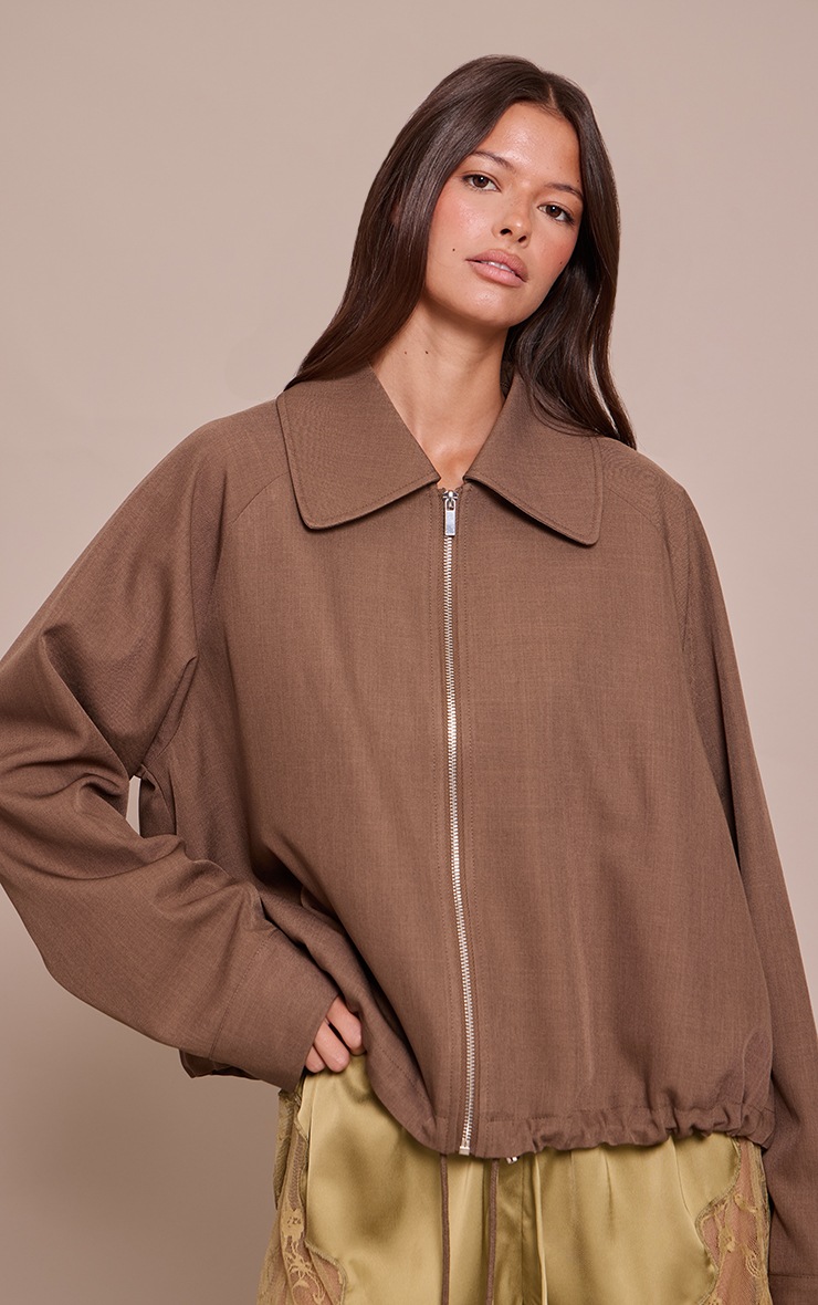 Mocha Utility Style Draw Cord Bomber Jacket | Outerwear | PLT USA