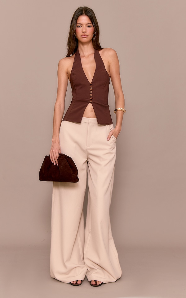 Chocolate Bengaline Button Up Halterneck Long Top | Tops ...