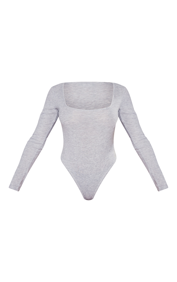 Shape Light Grey Rib Long Sleeve Bodysuit | PrettyLittleThing