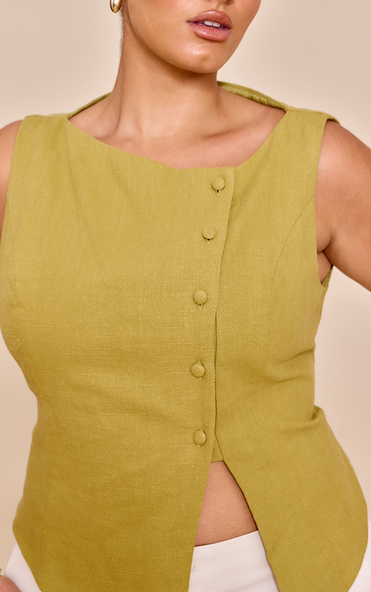 Plus Olive Premium Linen Asymmetric Button Up Vest | Plus Size ...