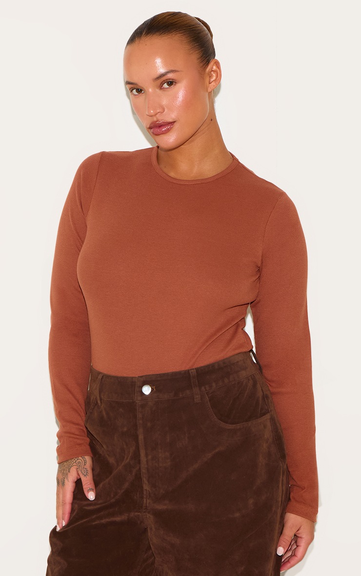 Plus Rust Basic Rib Long Sleeve Bodysuit | Plus Size | PrettyLittleThing