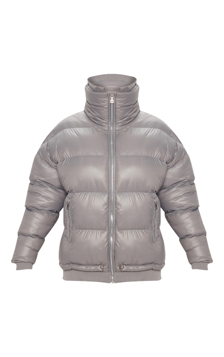 Grey Oversized Puffer Jacket With Zip Pockets | PrettyLittleThing